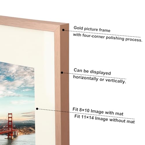 Fixwal 11 x 14 Aluminum Picture Frame, Metal Rose Gold Frame Tempered Glass with Mat for Wall Display, Wedding Table Numbers (Rose Gold, 1-Pack)