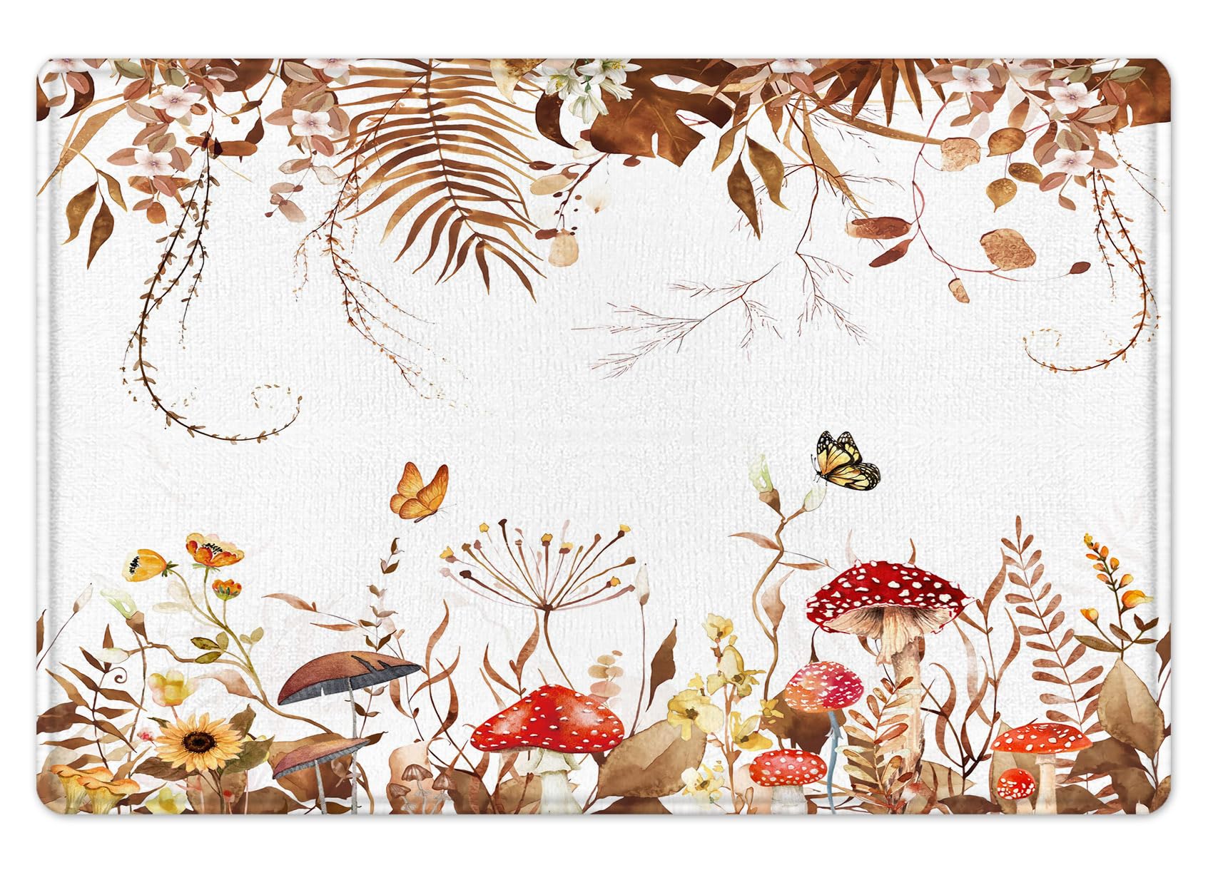 LB Fall Tan Leaf Bath Mat Red Mushroom Yellow Floral Brown Plant Area Rug for Bathroom Butterfly in Flower White Doormat Non Slip Memory Foam Super Absorbent Floor Mats,24x16 Inch