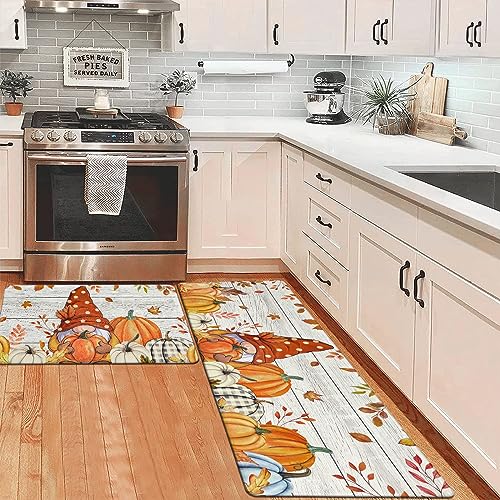 Bsmathom Fall Anti Fatigue Kitchen Rug Sets 2 Piece, Non Slip Waterproof Thick Cushioned Kitchen Rugs and Mats Set of 2, Pumpkin Thanksgiving Kitchen Runner Carpet Comfort Standing Mat