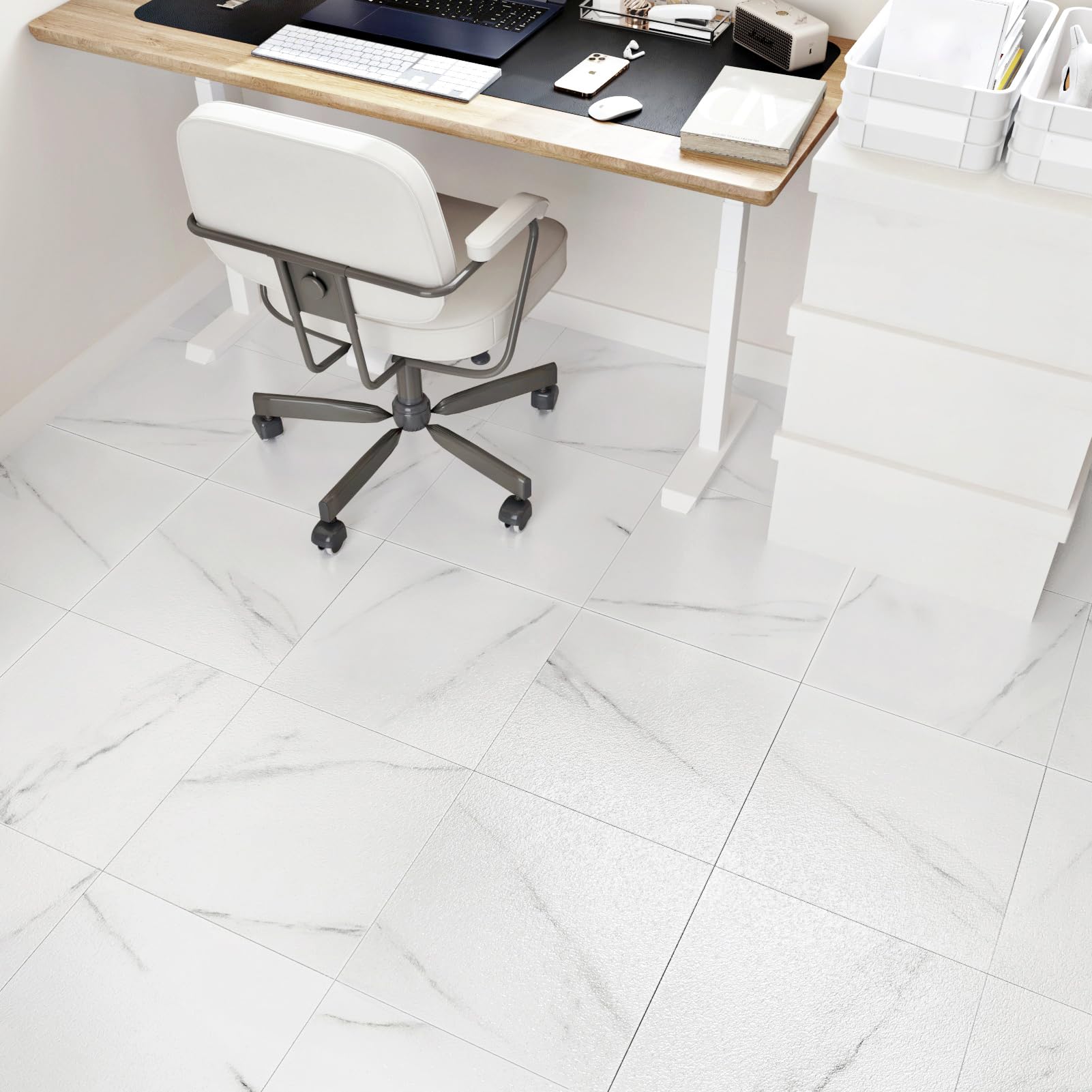 WESTICK 20 Pack Marble Peel and Stick Floor Vinyl Tiles - White, Waterproof, Thick Vinyl Flooring Sheets - Self Adhesive - 12" x 12" for Kitchen, Bathroom, Bedroom, Office