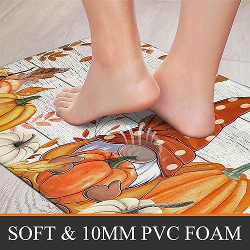 Bsmathom Fall Anti Fatigue Kitchen Rug Sets 2 Piece, Non Slip Waterproof Thick Cushioned Kitchen Rugs and Mats Set of 2, Pumpkin Thanksgiving Kitchen Runner Carpet Comfort Standing Mat