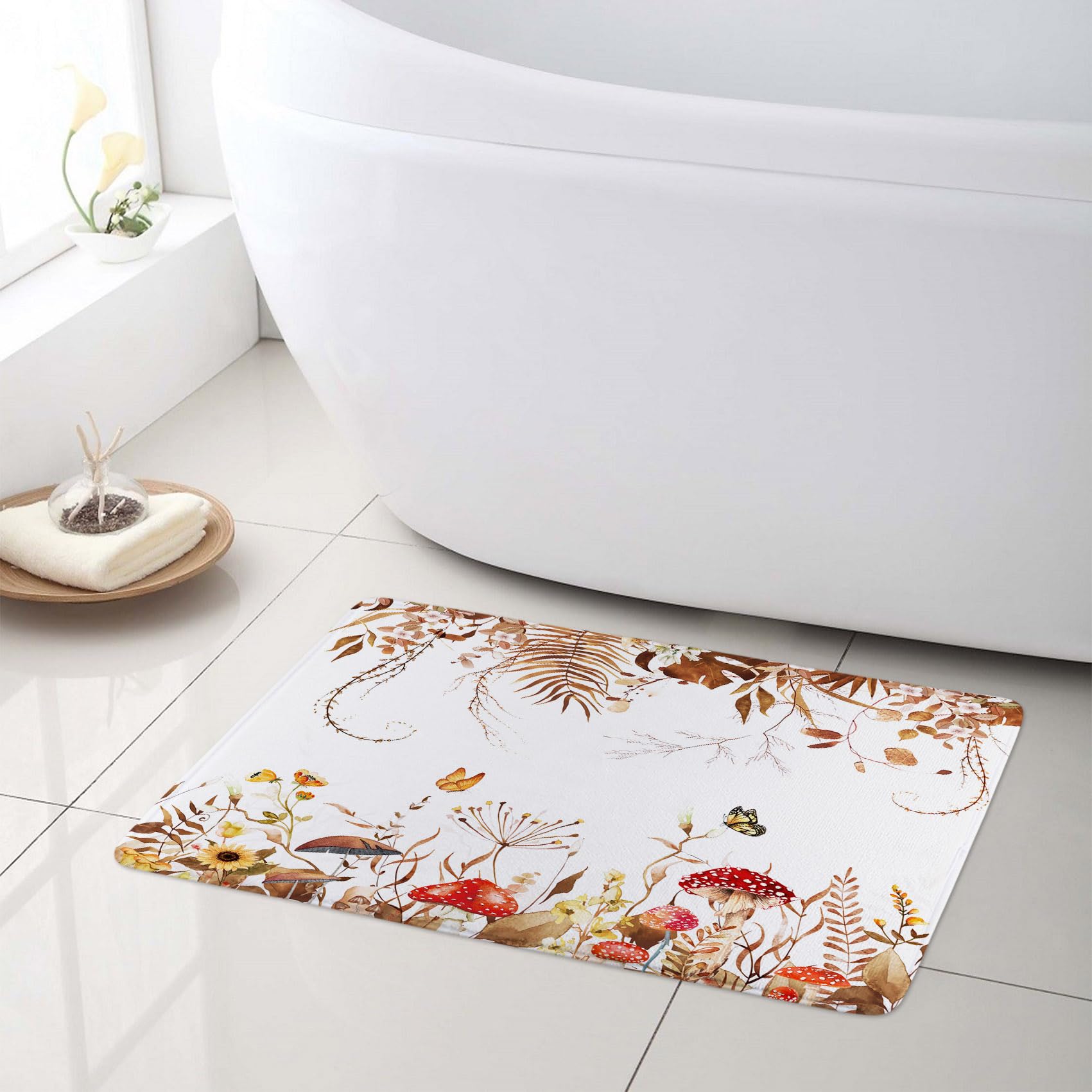 LB Fall Tan Leaf Bath Mat Red Mushroom Yellow Floral Brown Plant Area Rug for Bathroom Butterfly in Flower White Doormat Non Slip Memory Foam Super Absorbent Floor Mats,24x16 Inch