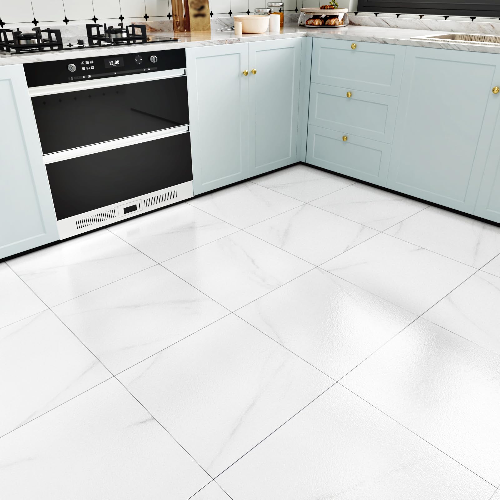 WESTICK 20 Pack Marble Peel and Stick Floor Vinyl Tiles - White, Waterproof, Thick Vinyl Flooring Sheets - Self Adhesive - 12" x 12" for Kitchen, Bathroom, Bedroom, Office