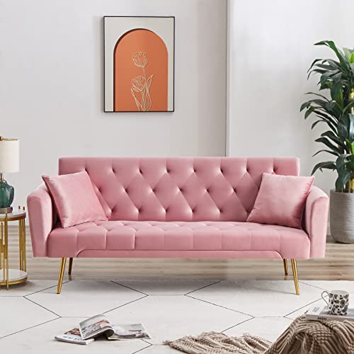 70" Convertible Loveseat Sofa Bed Sleeper Couch Daybed,Button Tufted Upholstered Folding Recliner,Small Futon Sofá,2 Seaters Couches with Metal Legs&Two Pillows for Living Room/Limited Place