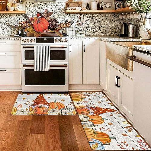 Bsmathom Fall Anti Fatigue Kitchen Rug Sets 2 Piece, Non Slip Waterproof Thick Cushioned Kitchen Rugs and Mats Set of 2, Pumpkin Thanksgiving Kitchen Runner Carpet Comfort Standing Mat