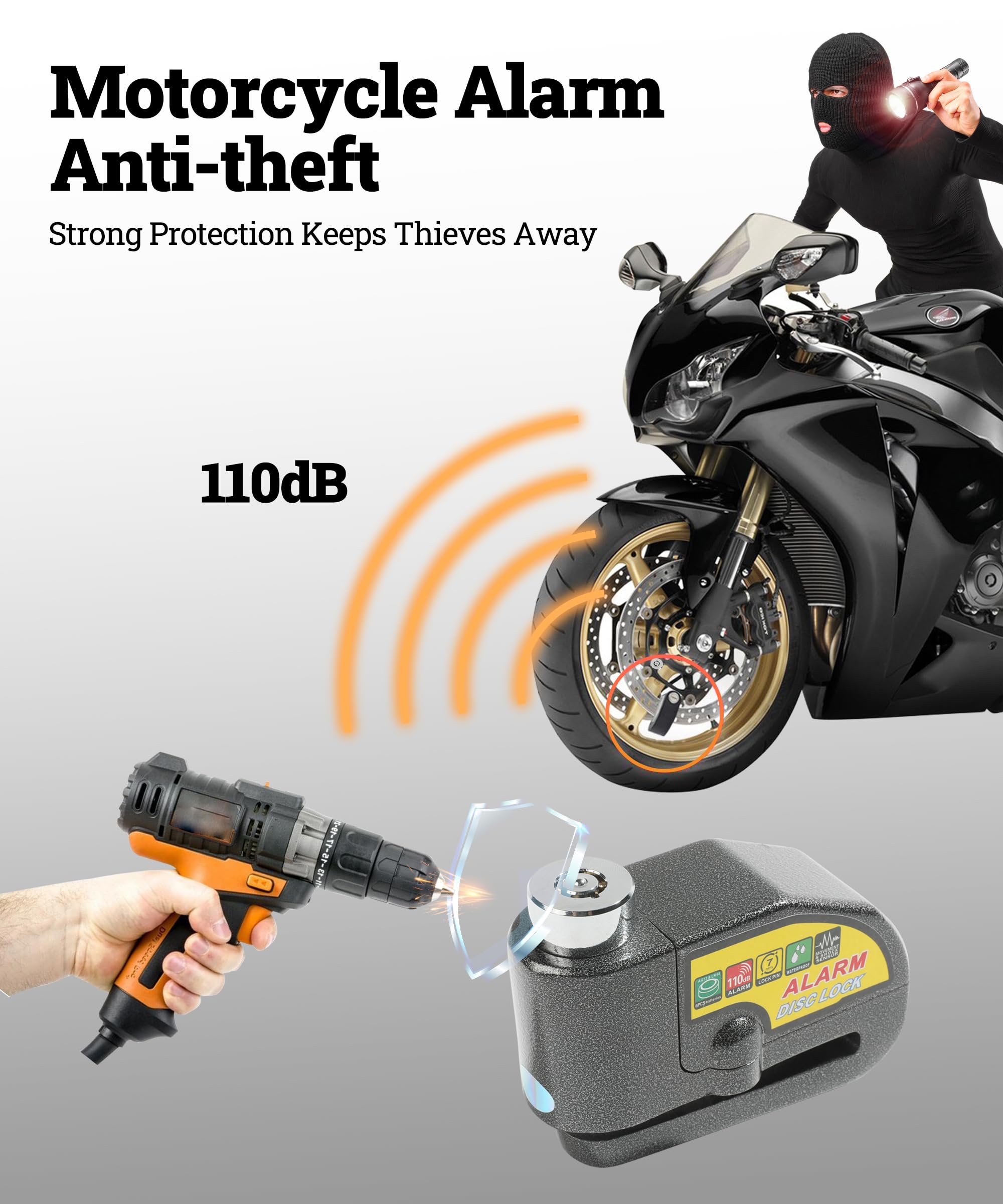 Zlirfy Motorcycle Alarm Disc Brake Lock,Waterproof Motorcycle Security Alarm Padlock,110db Alarm Sound Anti-Theft Security Wheel Disc Lock with Reminder Cable Keys and Carry Pouch