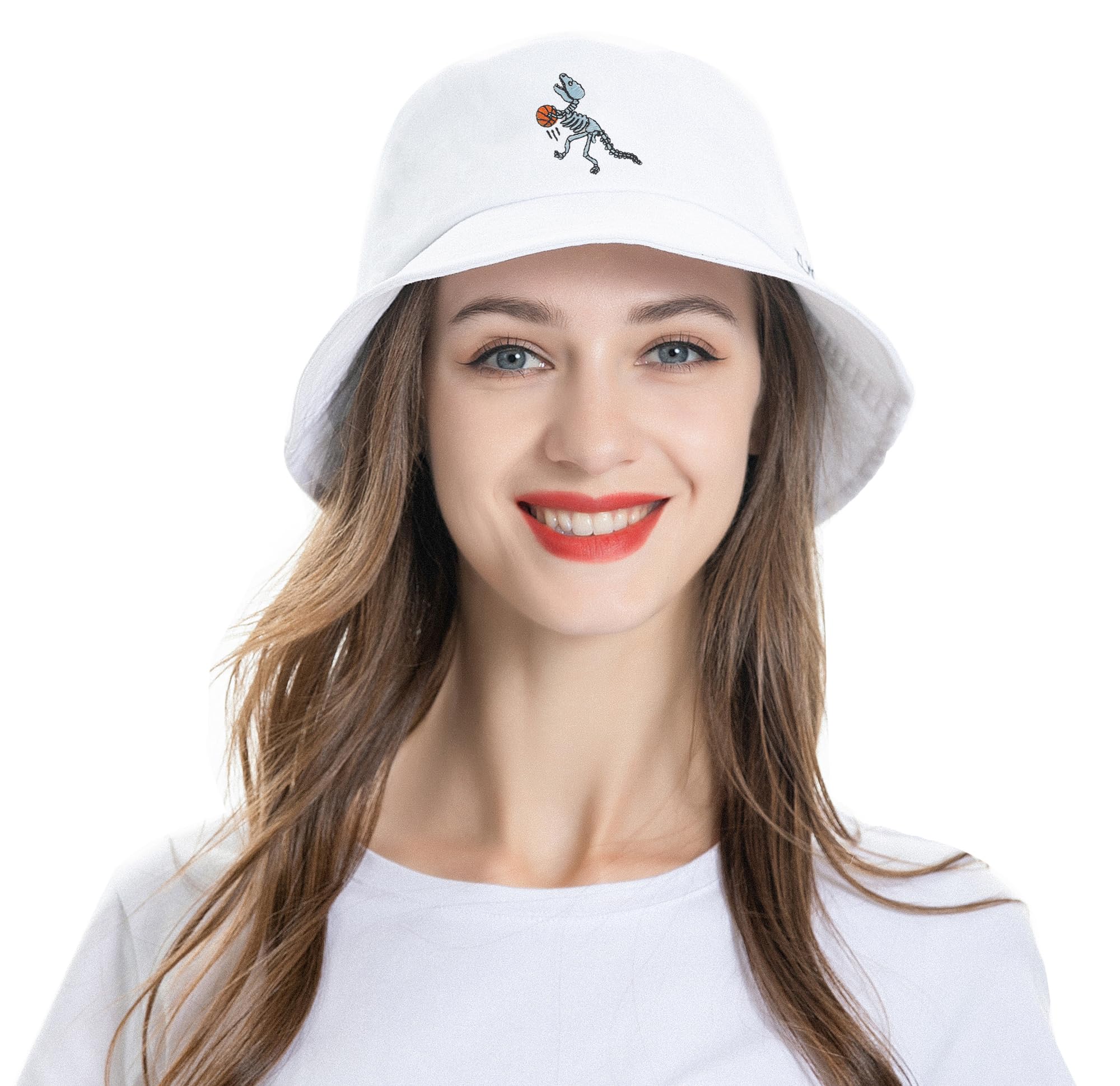 ZLYC Unisex Fashion Embroidered Bucket Hat Summer Fisherman Cap for Men Women Teens (Dinosaur Skeleton White)