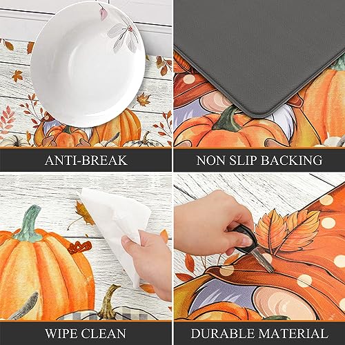 Bsmathom Fall Anti Fatigue Kitchen Rug Sets 2 Piece, Non Slip Waterproof Thick Cushioned Kitchen Rugs and Mats Set of 2, Pumpkin Thanksgiving Kitchen Runner Carpet Comfort Standing Mat