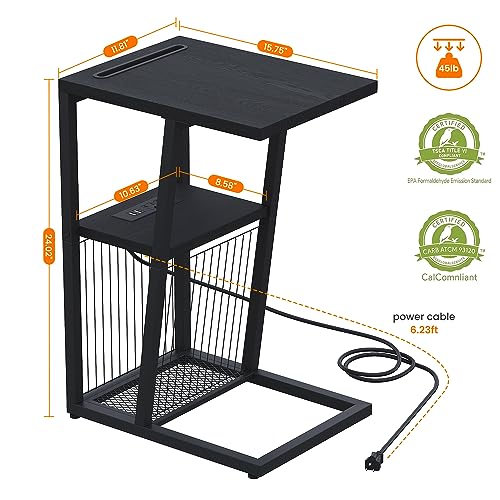 Heybly Side Table Set of 2, C Shaped Nightstand End Sofa Table with Charging Station for Small Spaces,Snack Couch Tables with Phone Holder, 2 USB Ports and Power Outlets HET001CB2