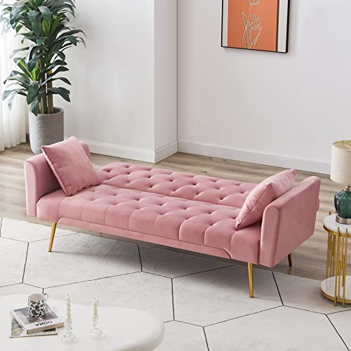 70" Convertible Loveseat Sofa Bed Sleeper Couch Daybed,Button Tufted Upholstered Folding Recliner,Small Futon Sofá,2 Seaters Couches with Metal Legs&Two Pillows for Living Room/Limited Place