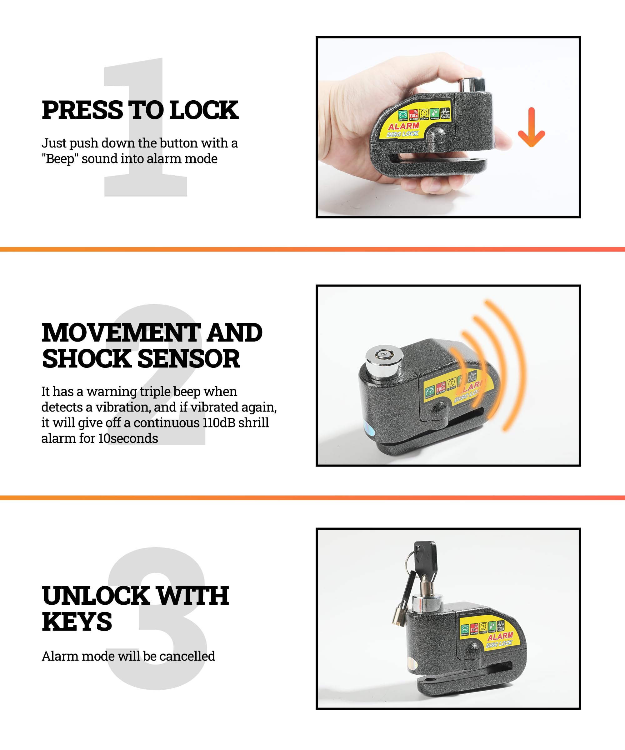 Zlirfy Motorcycle Alarm Disc Brake Lock,Waterproof Motorcycle Security Alarm Padlock,110db Alarm Sound Anti-Theft Security Wheel Disc Lock with Reminder Cable Keys and Carry Pouch