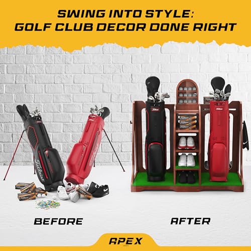 Apex Sports Golf Bag Organizer - Handcrafted Wood Design, Bag Stand, Ball Display, Storage Shelves, Garage Rack (Cherry)