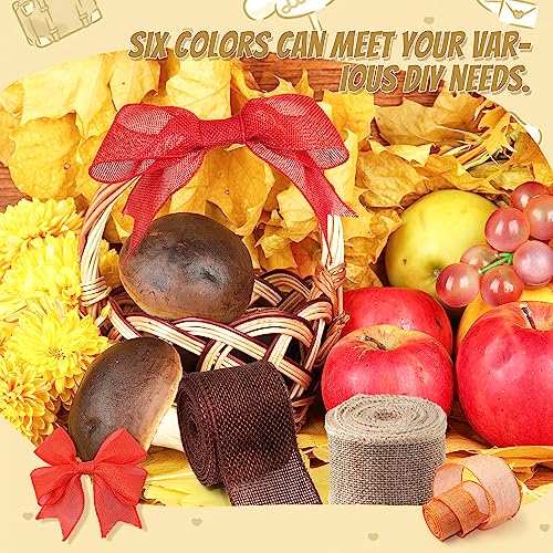 Mlurcu Fall Ribbon Burlap Wired Ribbon 1-1/2 Inch Wide Thick Solid Fabric Wire Edge Ribbon 6 Rolls 30 Yards Autumn Ribbon for Crafts Wreaths Bows Making Thanksgiving Christmas Wedding Decorations
