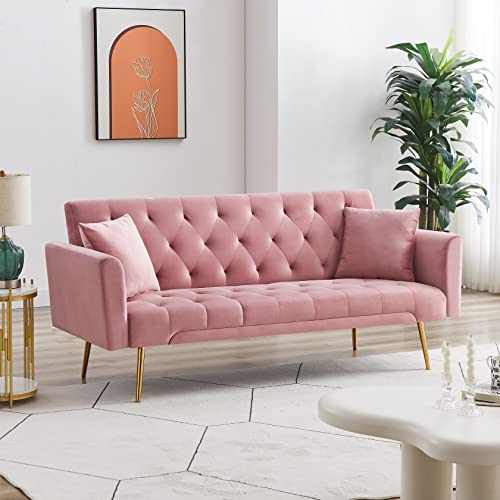 70" Convertible Loveseat Sofa Bed Sleeper Couch Daybed,Button Tufted Upholstered Folding Recliner,Small Futon Sofá,2 Seaters Couches with Metal Legs&Two Pillows for Living Room/Limited Place