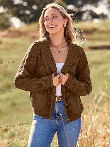 PRETTYGARDEN Women’s Cardigan Button Down Long Sleeve Open Front Short Loose Knit 2024 Fall Sweaters with Pockets Black