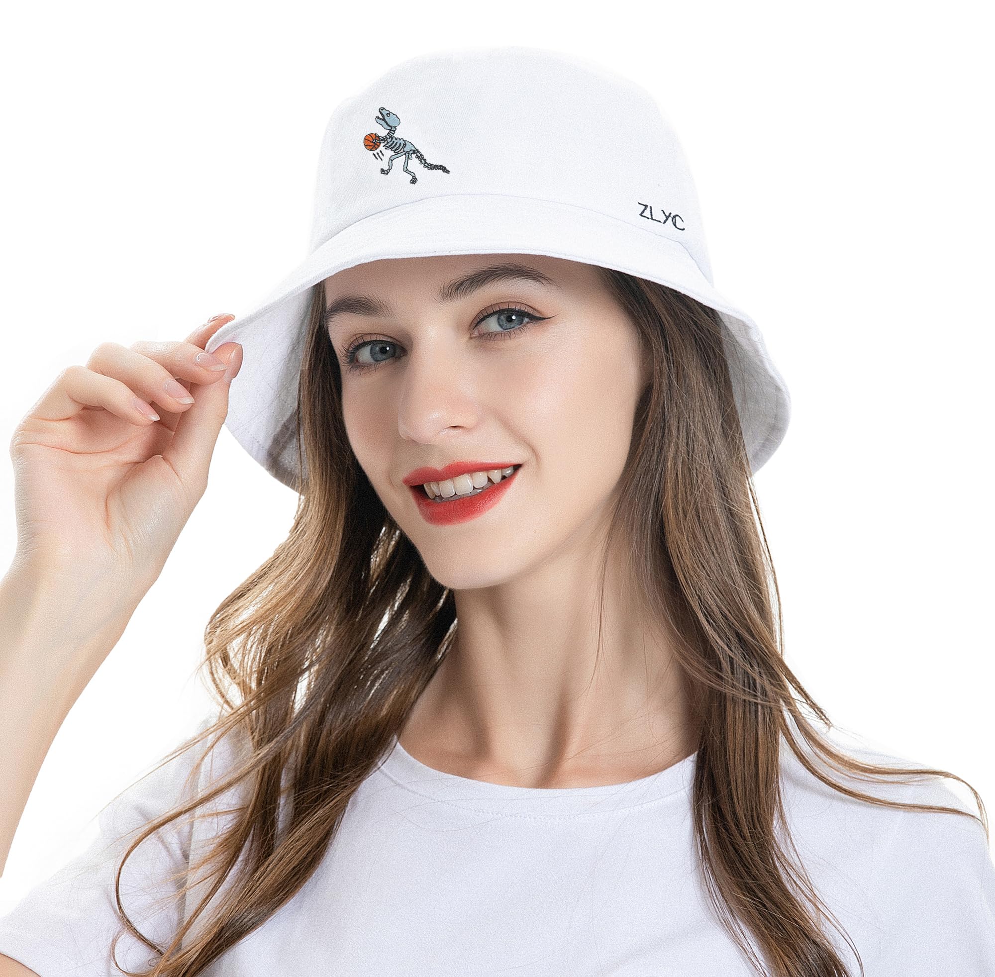 ZLYC Unisex Fashion Embroidered Bucket Hat Summer Fisherman Cap for Men Women Teens (Dinosaur Skeleton White)