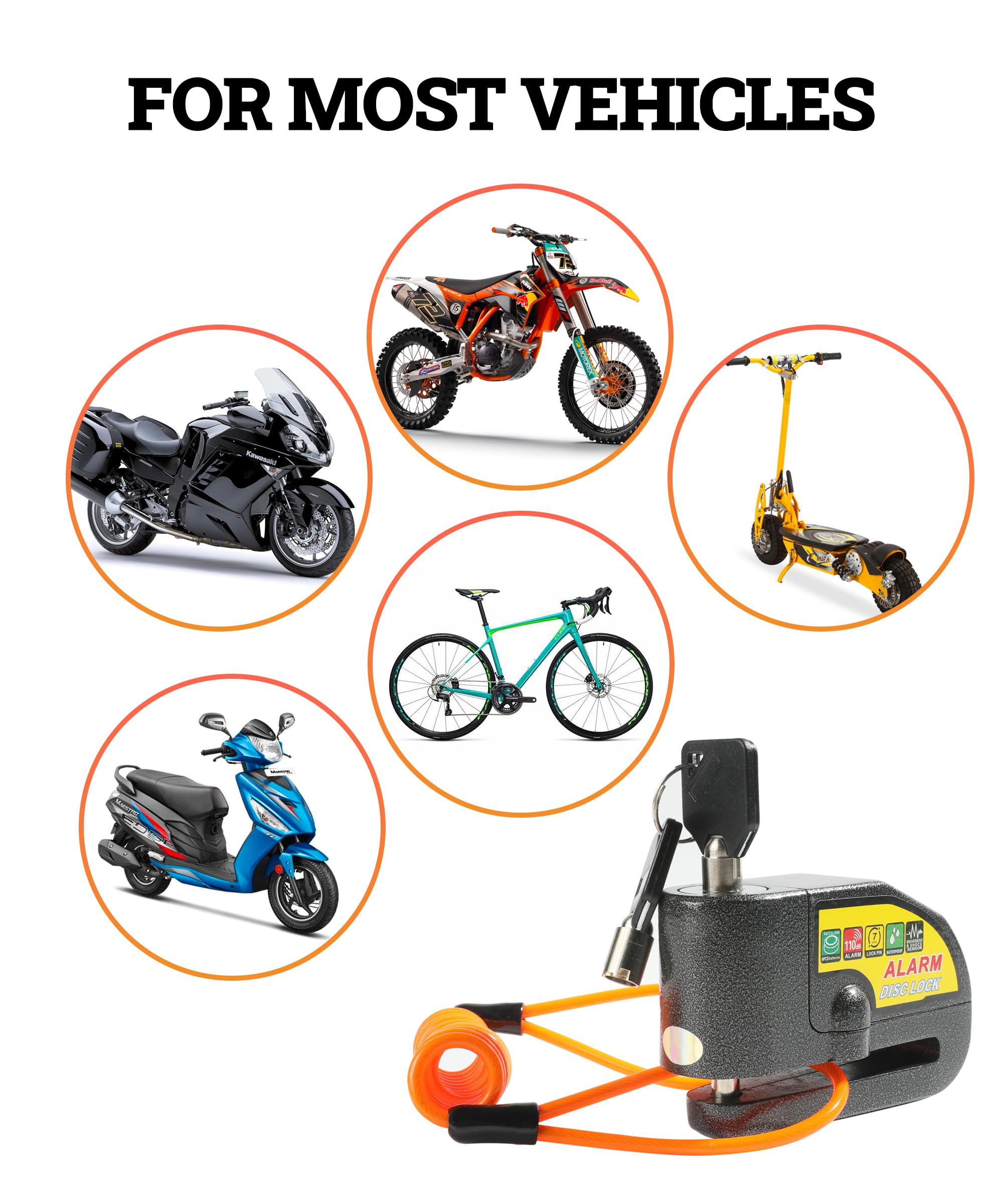 Zlirfy Motorcycle Alarm Disc Brake Lock,Waterproof Motorcycle Security Alarm Padlock,110db Alarm Sound Anti-Theft Security Wheel Disc Lock with Reminder Cable Keys and Carry Pouch