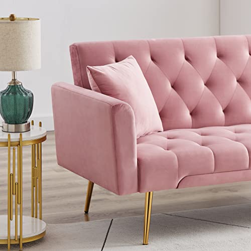 70" Convertible Loveseat Sofa Bed Sleeper Couch Daybed,Button Tufted Upholstered Folding Recliner,Small Futon Sofá,2 Seaters Couches with Metal Legs&Two Pillows for Living Room/Limited Place