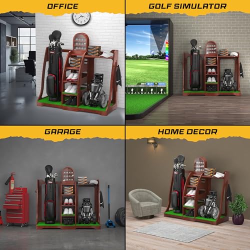 Apex Sports Golf Bag Organizer - Handcrafted Wood Design, Bag Stand, Ball Display, Storage Shelves, Garage Rack (Cherry)