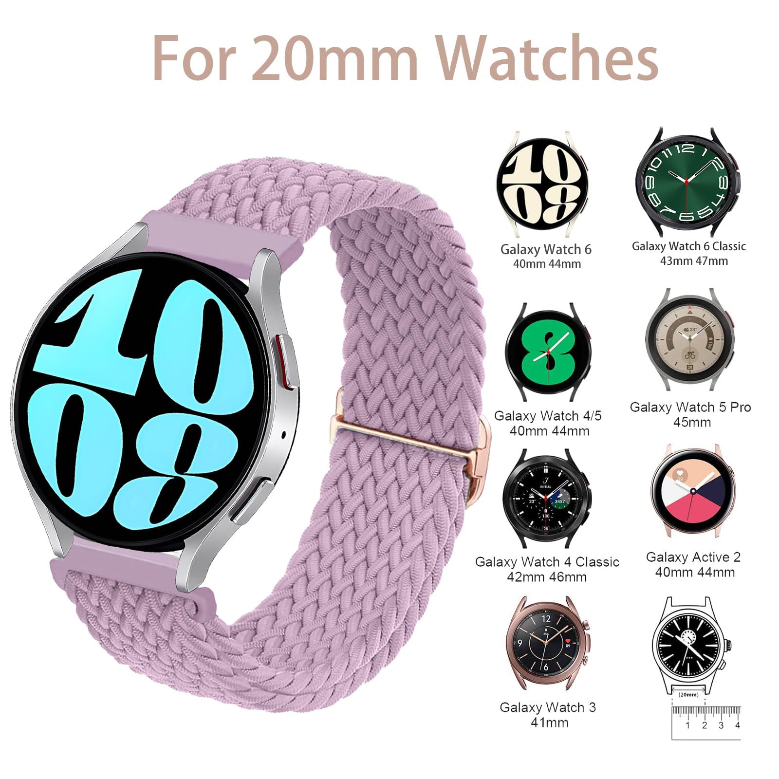 20mm Stretchy for Samsung Galaxy Watch 6/5/4 Band 40mm 44mm/Classic 47mm 43mm 46mm 42mm/Active 2 Women Men,20mm Quick Release Correa Braided Nylon Wristband Strap for Samsung Watch 5 pro 45mm/3 41mm