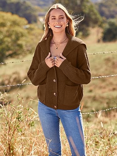PRETTYGARDEN Women’s Cardigan Button Down Long Sleeve Open Front Short Loose Knit 2024 Fall Sweaters with Pockets Black