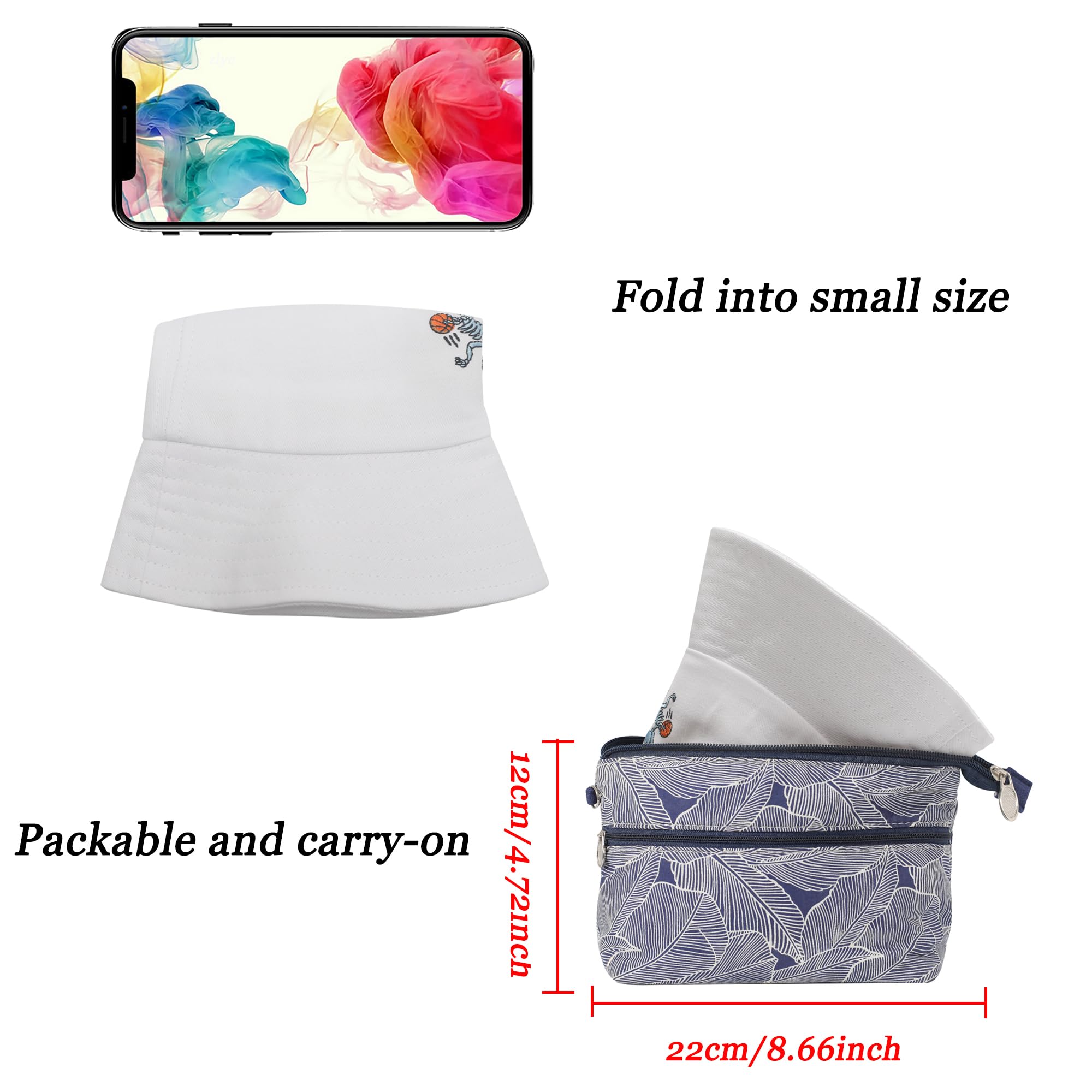 ZLYC Unisex Fashion Embroidered Bucket Hat Summer Fisherman Cap for Men Women Teens (Dinosaur Skeleton White)