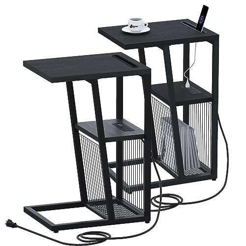 Heybly Side Table Set of 2, C Shaped Nightstand End Sofa Table with Charging Station for Small Spaces,Snack Couch Tables with Phone Holder, 2 USB Ports and Power Outlets HET001CB2