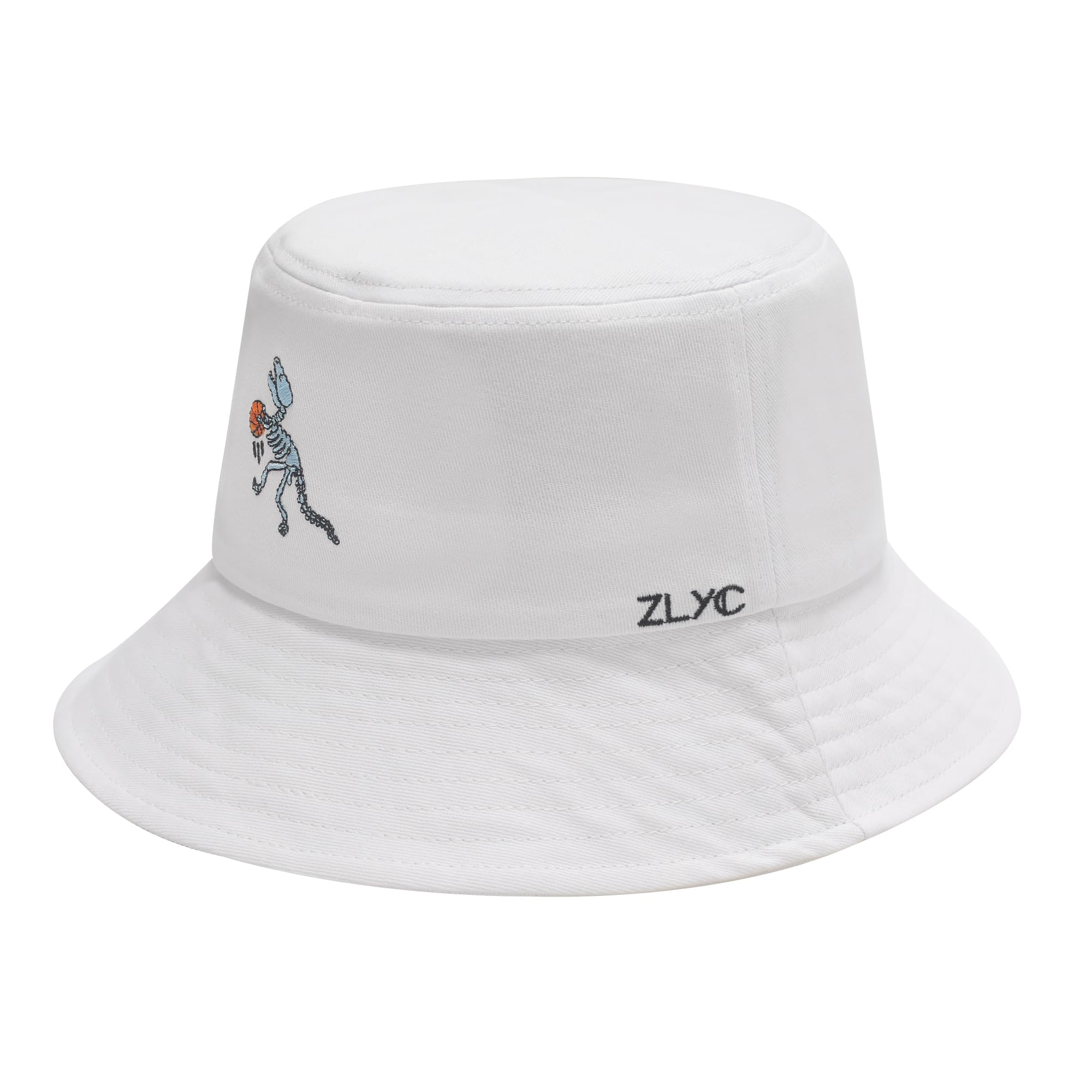 ZLYC Unisex Fashion Embroidered Bucket Hat Summer Fisherman Cap for Men Women Teens (Dinosaur Skeleton White)