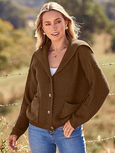 PRETTYGARDEN Women’s Cardigan Button Down Long Sleeve Open Front Short Loose Knit 2024 Fall Sweaters with Pockets Black