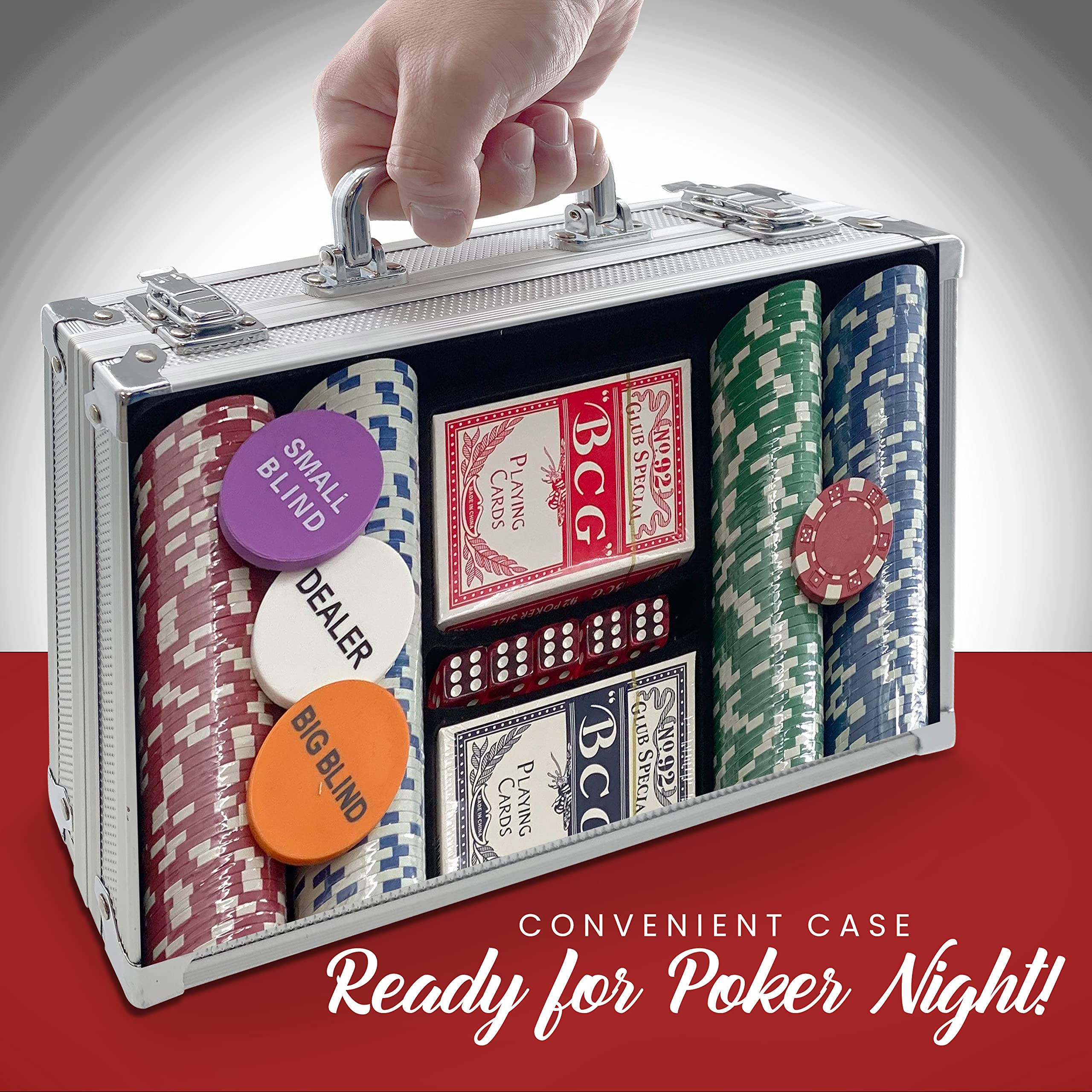 SereneLife Poker Chip Set for Texas Holdem, Blackjack Gambling- 11.5 Gram Casino Chips Set W/Aluminum Case, Playing Cards, Button, Dice- 200 PCS (Silver)