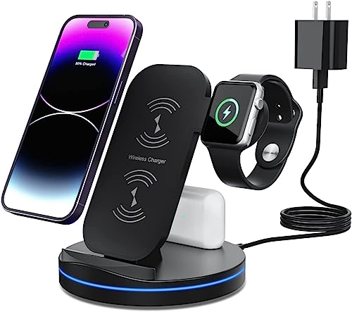 Wireless Charging Station for iPhone, 3 in 1 Fast Wireless Charging Stand Dock for iPhone 14/13/12/11/Pro/Max/XS/XR/X/8/Plus, for iWatch 7/6/5/4/3/2/SE, for AirPods 3/2/Pro-Black