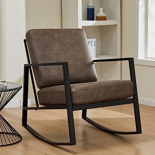 worldchoice Leather Rocking Chair Glider Chair for Nursery Upholstered Rocking Chair with Removable Cushion Cover Single Sofa Lounge Chair for Living Room Bedroom Reading Balcony, Brown