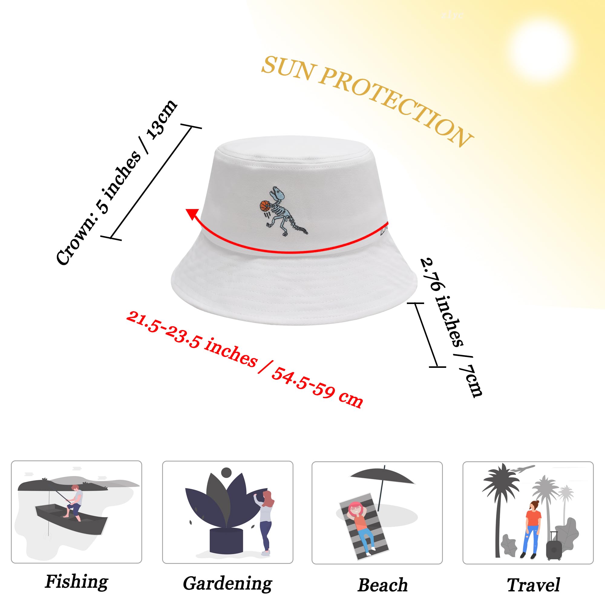 ZLYC Unisex Fashion Embroidered Bucket Hat Summer Fisherman Cap for Men Women Teens (Dinosaur Skeleton White)