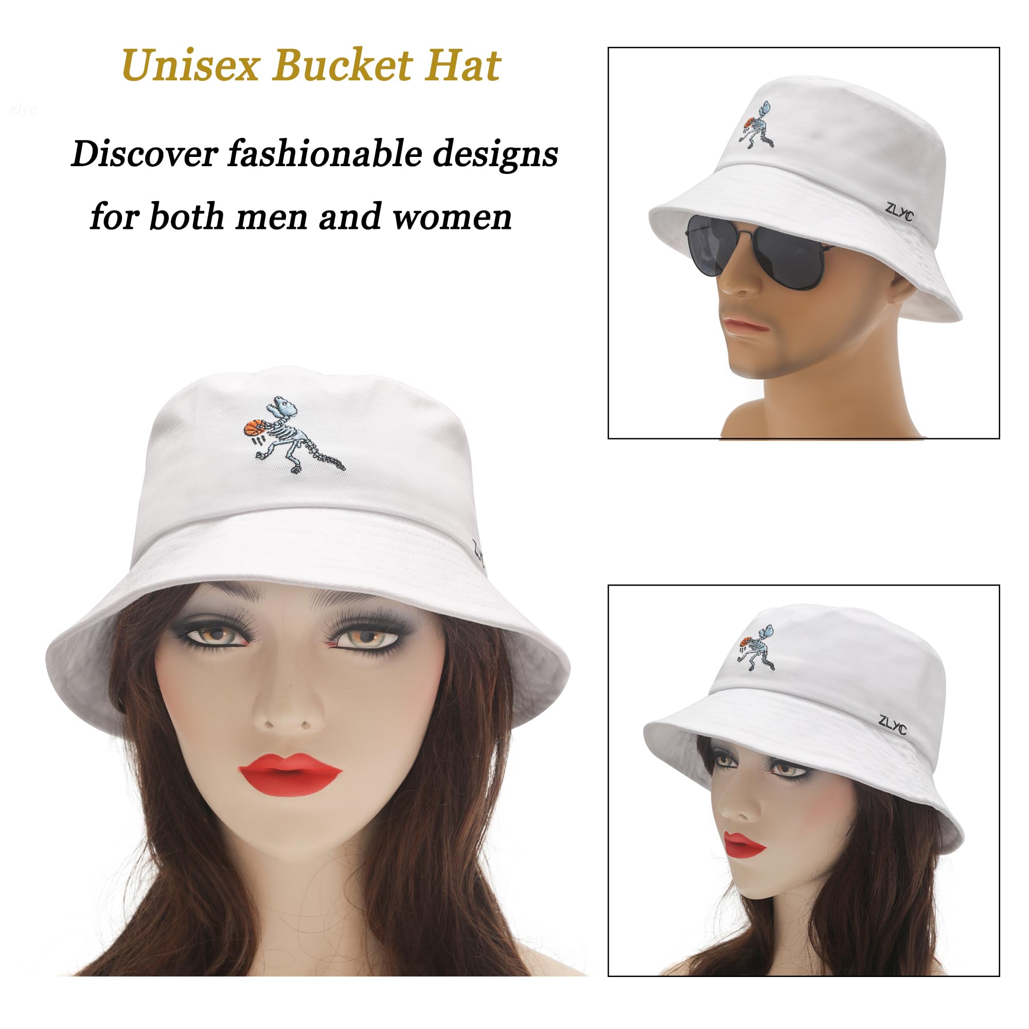 ZLYC Unisex Fashion Embroidered Bucket Hat Summer Fisherman Cap for Men Women Teens (Dinosaur Skeleton White)
