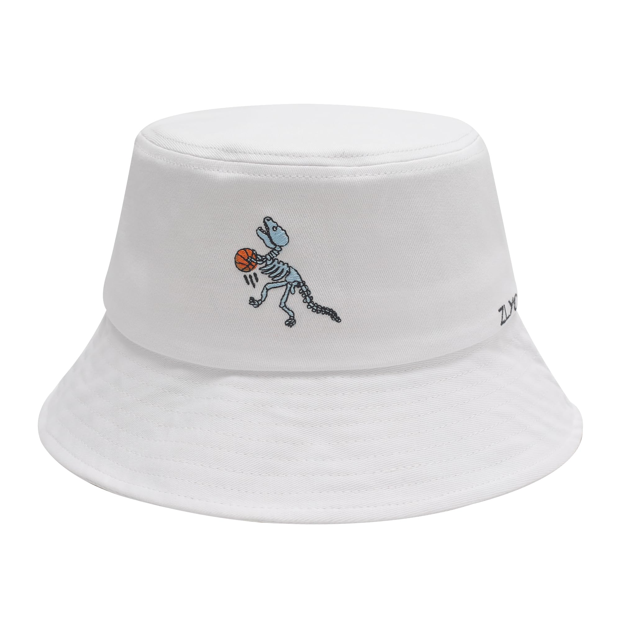 ZLYC Unisex Fashion Embroidered Bucket Hat Summer Fisherman Cap for Men Women Teens (Dinosaur Skeleton White)