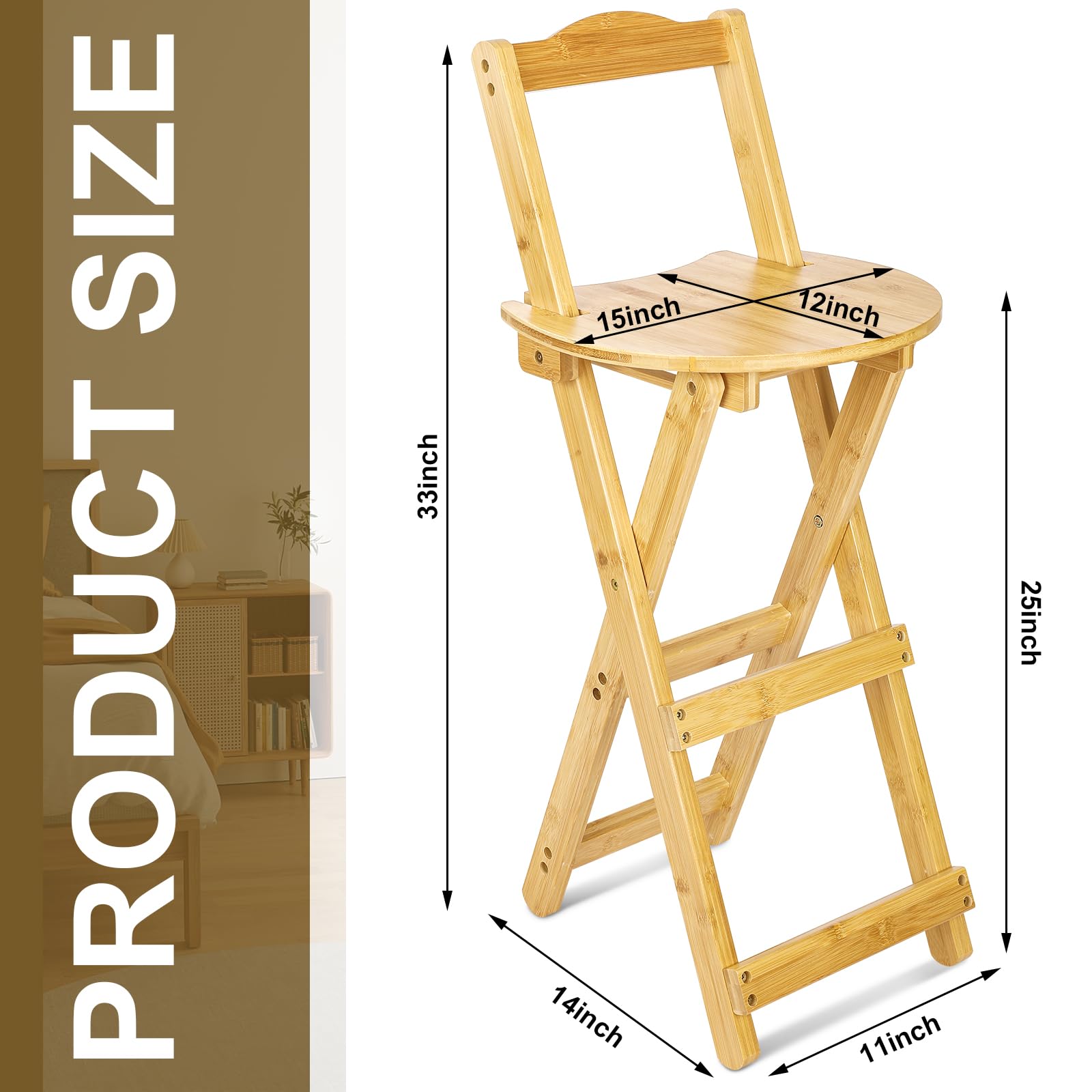 Leinuosen 2 Pieces Folding Bamboo Bar Stools with Backrest and Footrest 33 Inches Foldable Barstool Collapsible Portable Counter Height Folding Chairs with Pedals for Home, Outdoor, Kitchen