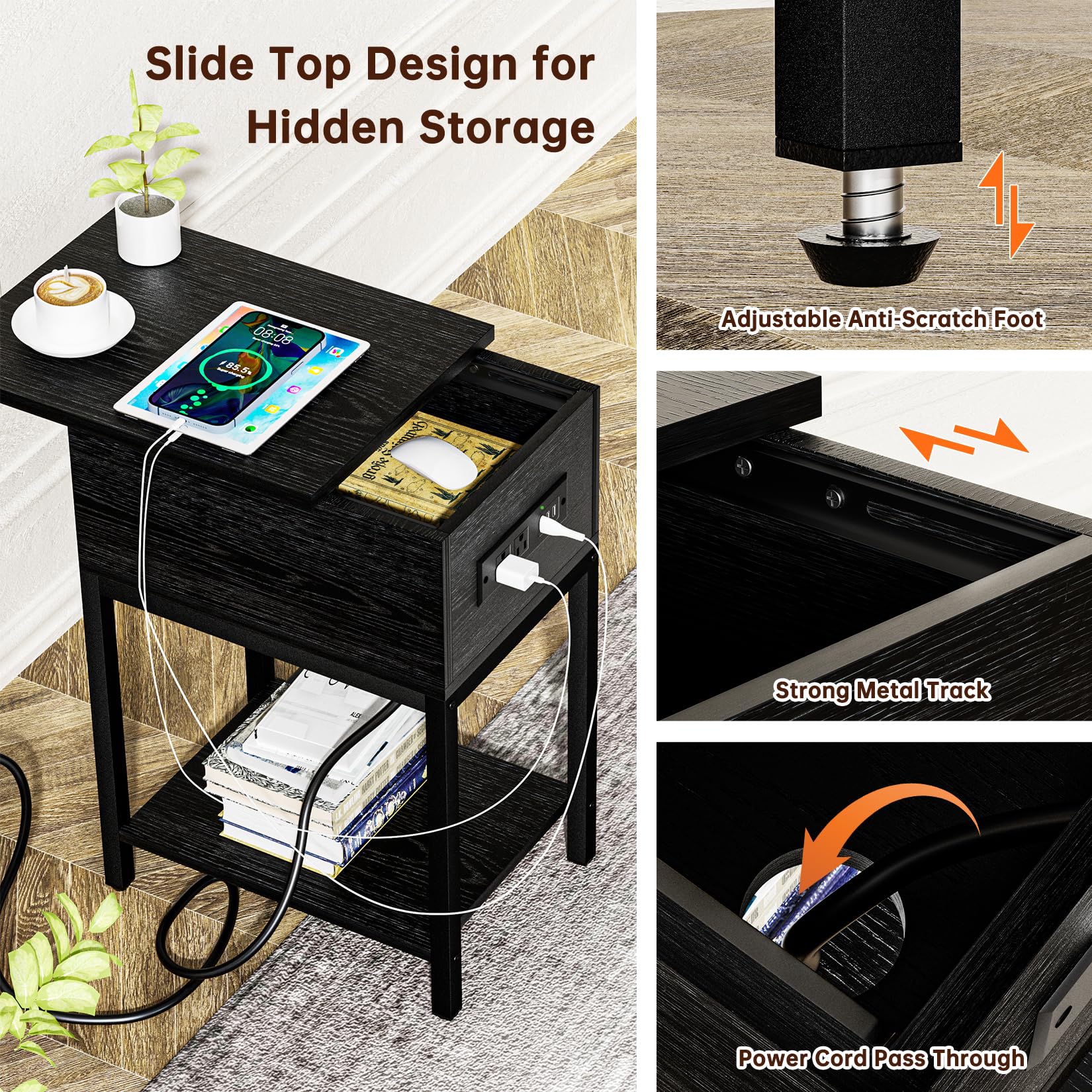 SZLHANJZ Narrow Nightstand, Small End Table with Charging Station, Bedside Table with Storage and Shelf for Small Spaces, 2 Tier Side Table for Living Room Bedroom, Black