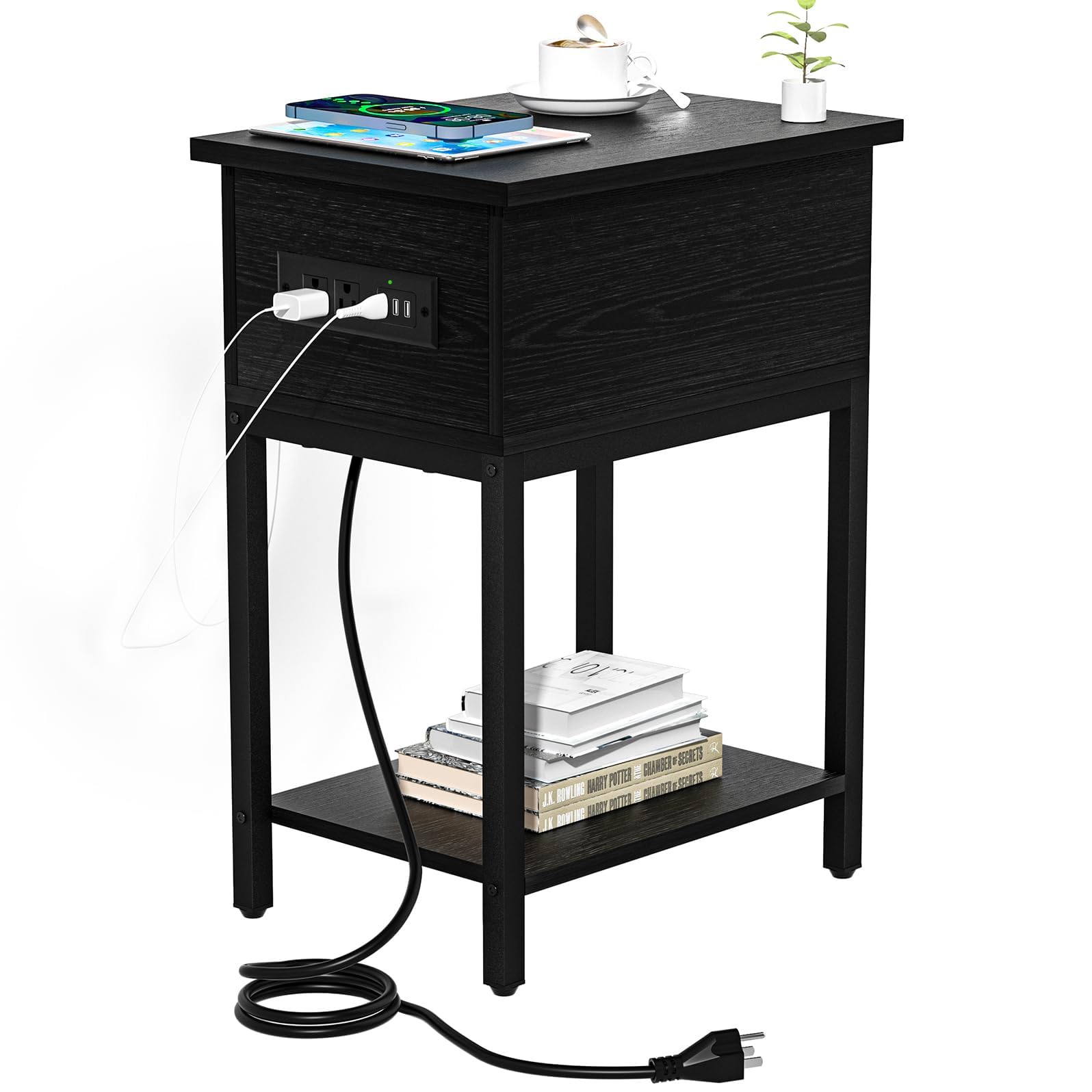 SZLHANJZ Narrow Nightstand, Small End Table with Charging Station, Bedside Table with Storage and Shelf for Small Spaces, 2 Tier Side Table for Living Room Bedroom, Black