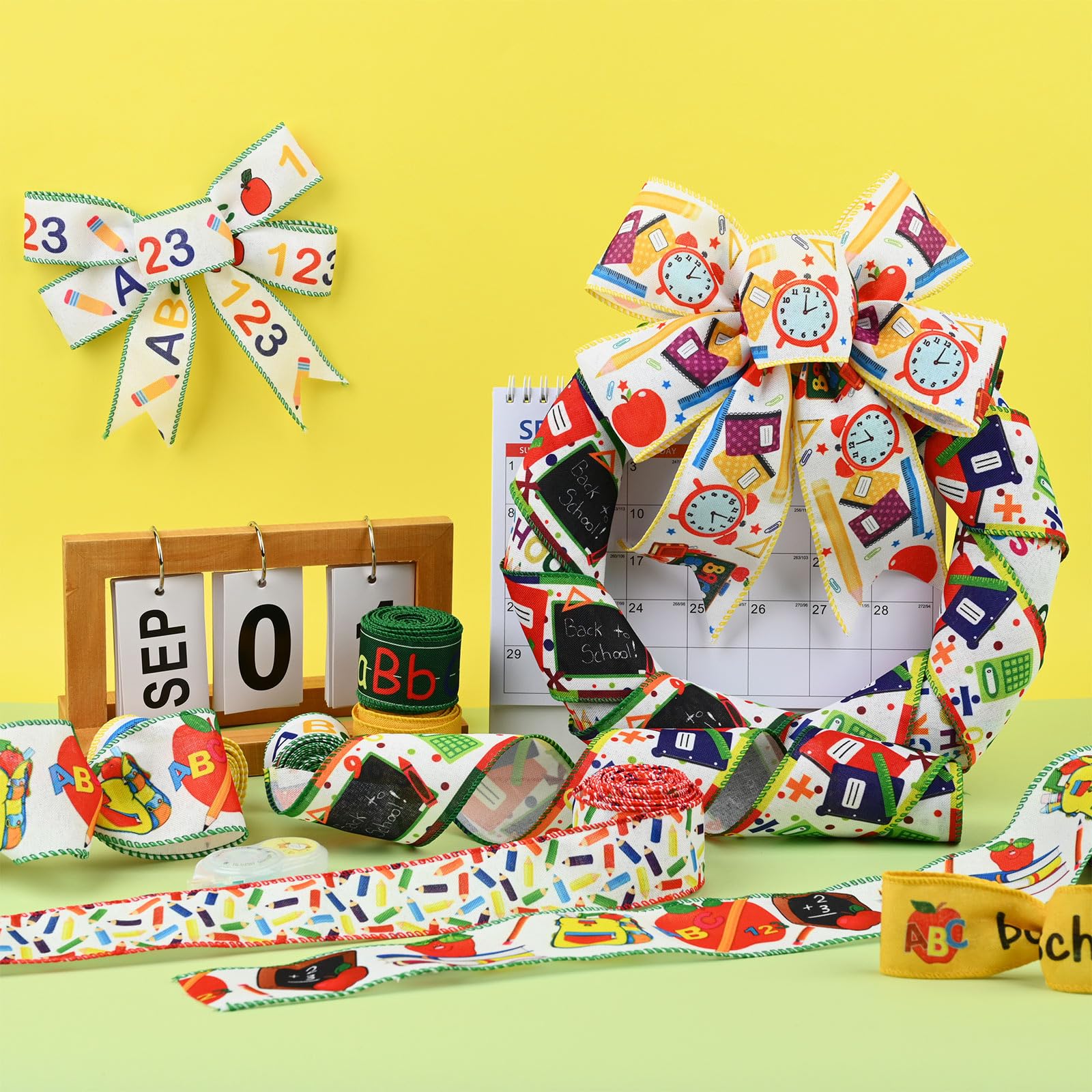 Honic 8 Rolls 32 Yards Back to School Wired Edge Ribbons, School Themed Fabric Ribbon, Apple Book Pencil Ruler Blackboard Pattern Decorative Ribbon for Bow Wreath Sewing Gift Wrappinf DIY Crafts