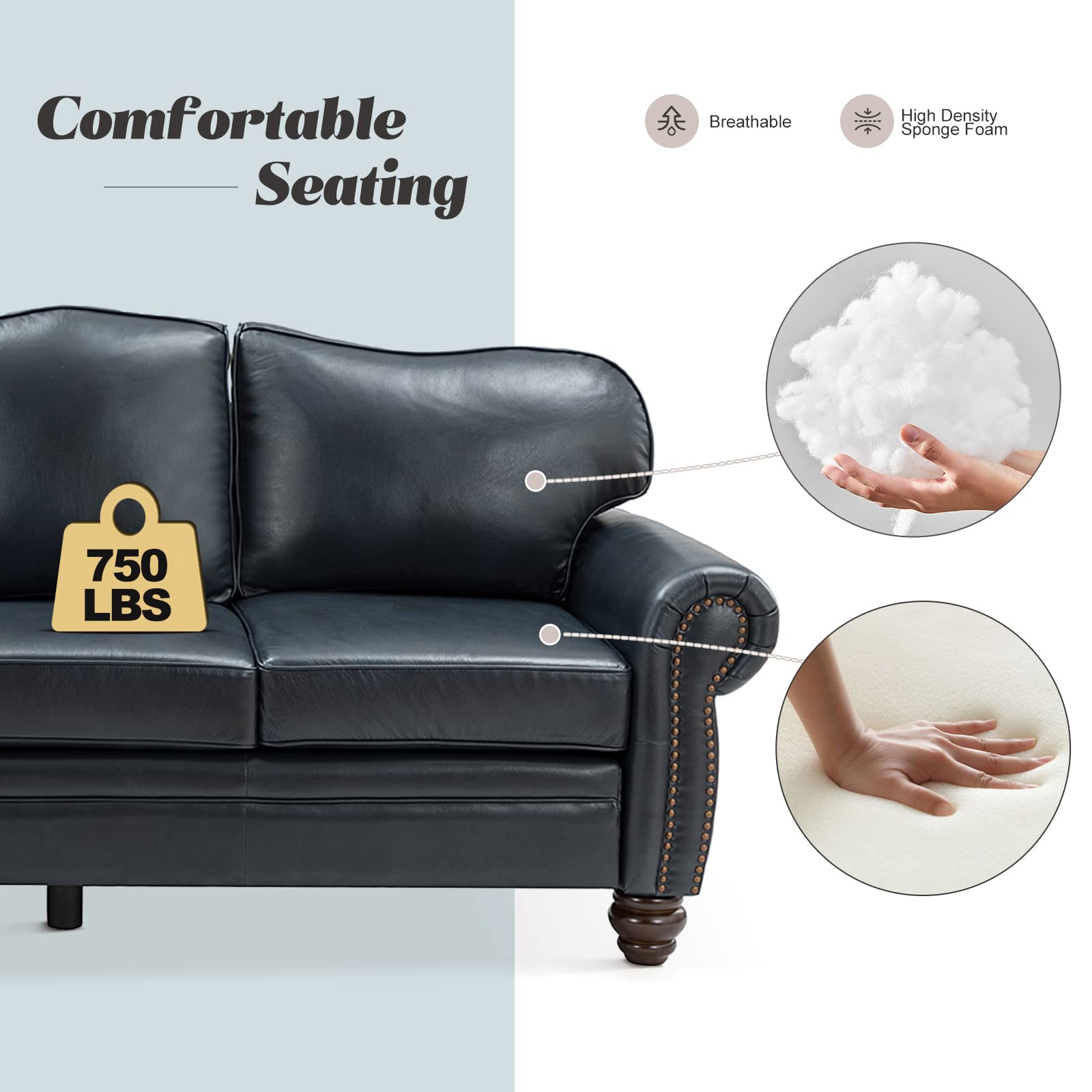 HULALA HOME 81'' Upholstered Leather Sofa with Removable Cushion, Mid-Century Modern Living Room 3-Seater Couch, Full Grain Leather Couch with Nailhead Trim and Rolled Arm for Bedroom Apartment, Navy