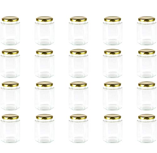 Encheng 10 oz Hexagon Jars,Clear Glass Jars With Lids(Golden),Mason Jars For Honey,Foods,Jams,Liquid,Herb Jars Spice Jars Canning Jars For Storage 20 Pack
