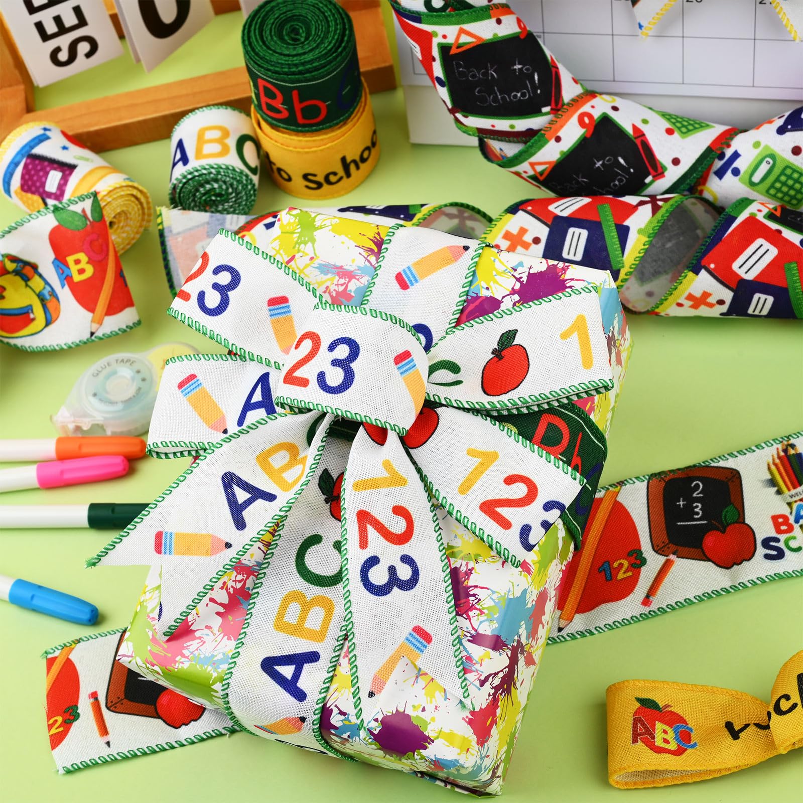 Honic 8 Rolls 32 Yards Back to School Wired Edge Ribbons, School Themed Fabric Ribbon, Apple Book Pencil Ruler Blackboard Pattern Decorative Ribbon for Bow Wreath Sewing Gift Wrappinf DIY Crafts