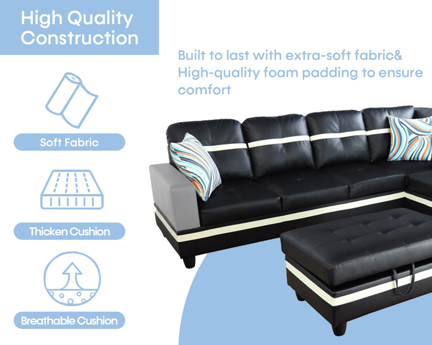 Caberryne Sectional Couch for Living Room Furniture Set Black,Sectional Sofa Set L Shape Sofa and Chaise with Storage Ottoman for Living Room/Apartment（Black,Facing Left Chaise）