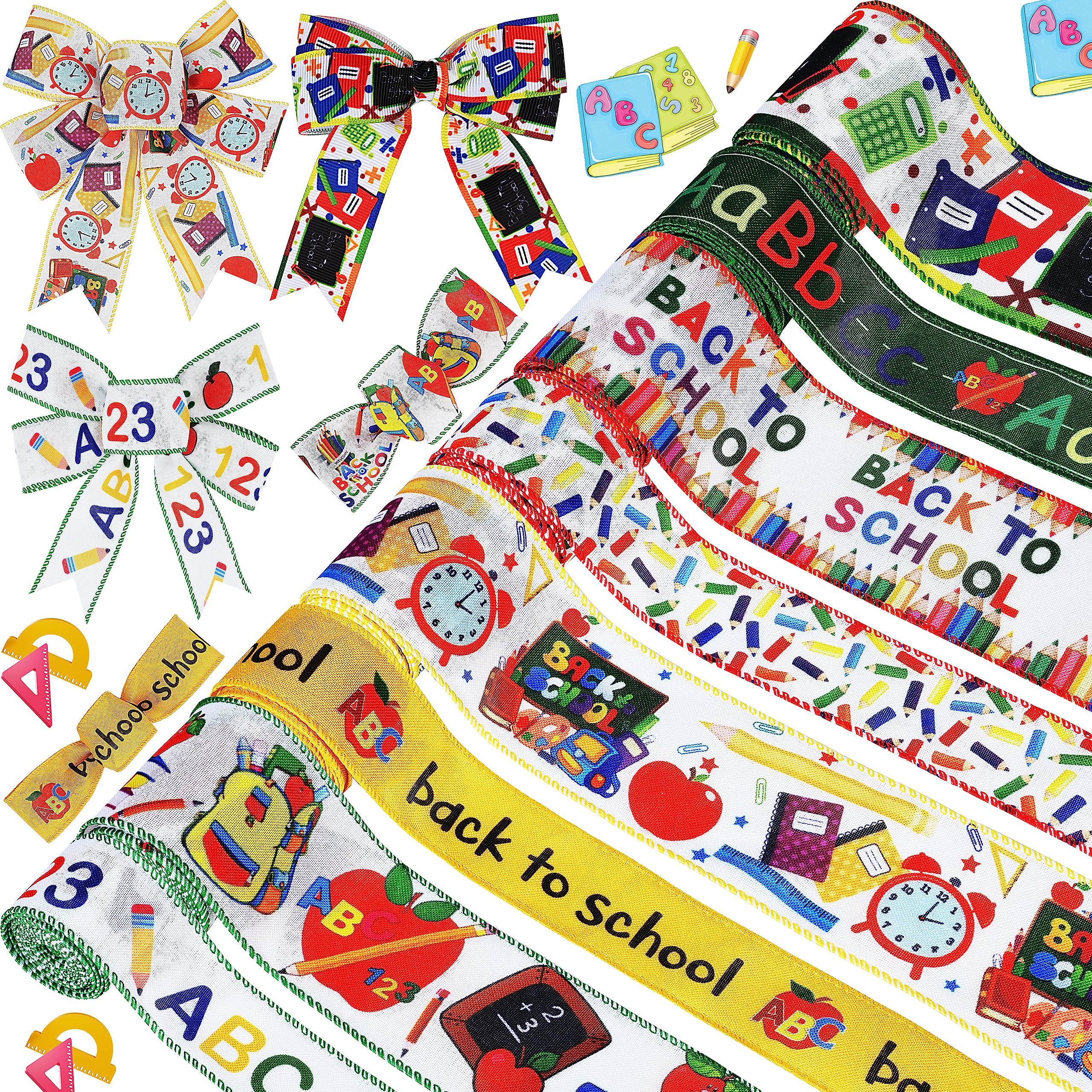 Honic 8 Rolls 32 Yards Back to School Wired Edge Ribbons, School Themed Fabric Ribbon, Apple Book Pencil Ruler Blackboard Pattern Decorative Ribbon for Bow Wreath Sewing Gift Wrappinf DIY Crafts