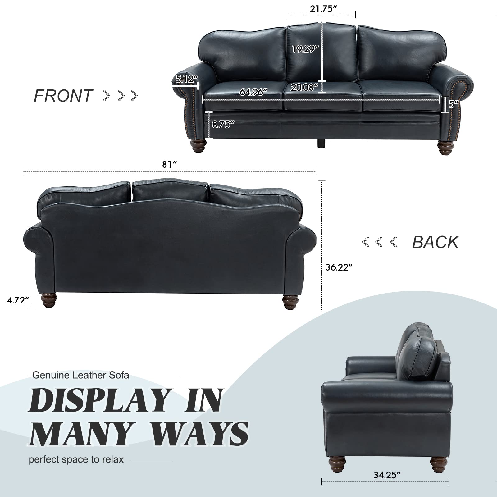 HULALA HOME 81'' Upholstered Leather Sofa with Removable Cushion, Mid-Century Modern Living Room 3-Seater Couch, Full Grain Leather Couch with Nailhead Trim and Rolled Arm for Bedroom Apartment, Navy