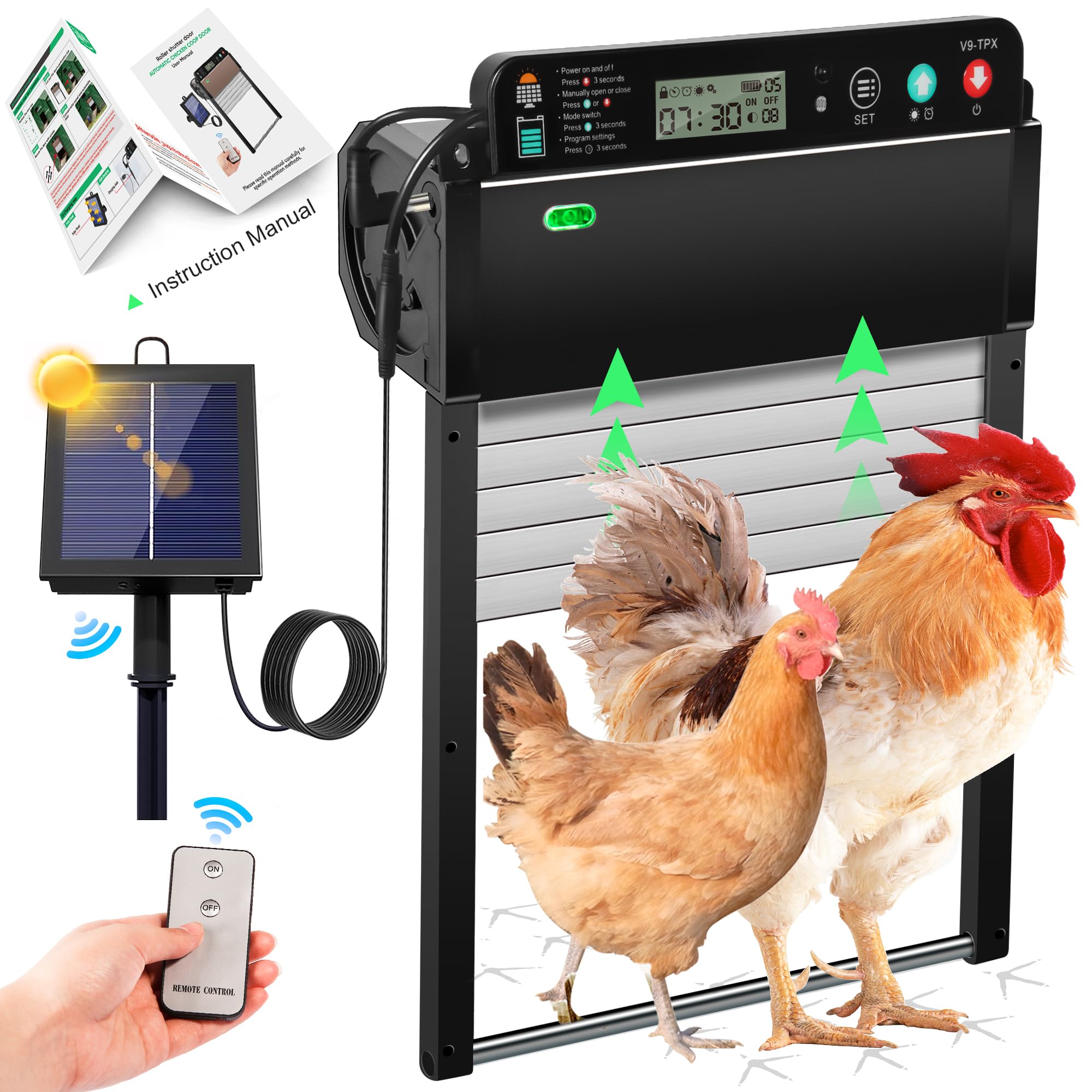 Automatic Chicken Coop Door - Solar Chicken Door with Timer, Light Sensor, Anti-Trap, Remote Control, Full Aluminum and Weatherproof, Anti-Pinch Design for Chickens Ducks Farms