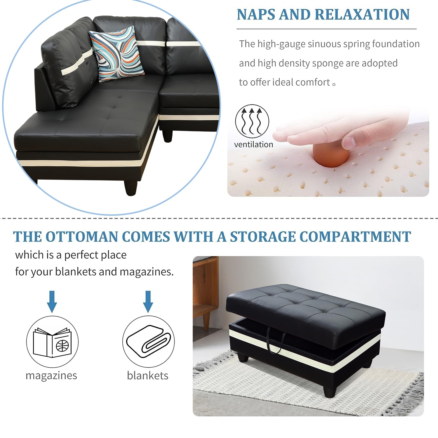 Caberryne Sectional Couch for Living Room Furniture Set Black,Sectional Sofa Set L Shape Sofa and Chaise with Storage Ottoman for Living Room/Apartment（Black,Facing Left Chaise）