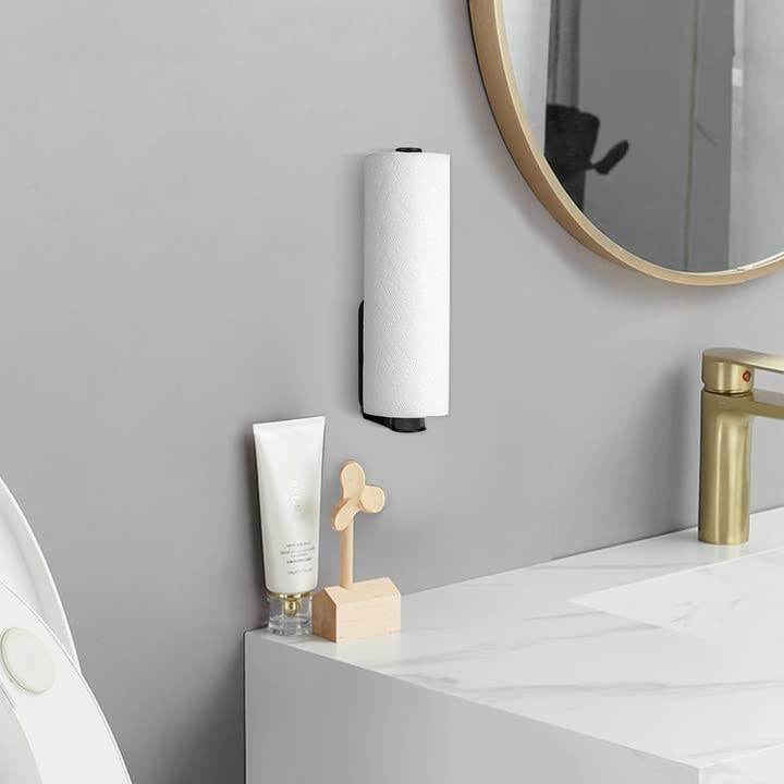 SOAMOEU Paper Towel Holder Under Cabinet, Single Hand Operable Paper Towel Holder Wall Mount with Damping Effect, Self-Adhesive or Drilling for Kitchen, Bathroom (Black)