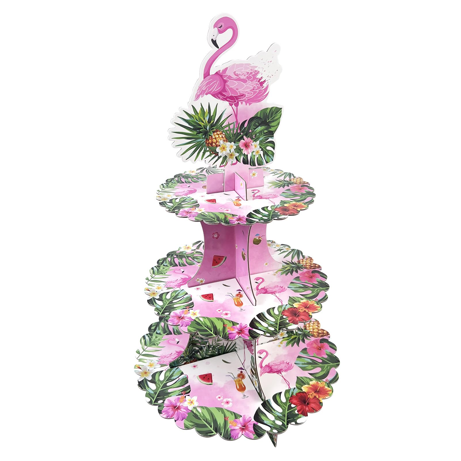 Rainmae 3 Tier Pink Flamingo Cupcake Stand, Hawaiian Theme Cupcake Holder, Luau Aloha Cake Holder Decorations, Dessert Tower Tropical Supplies Baby Shower for Summer Pool Beach Birthday Party Supplies