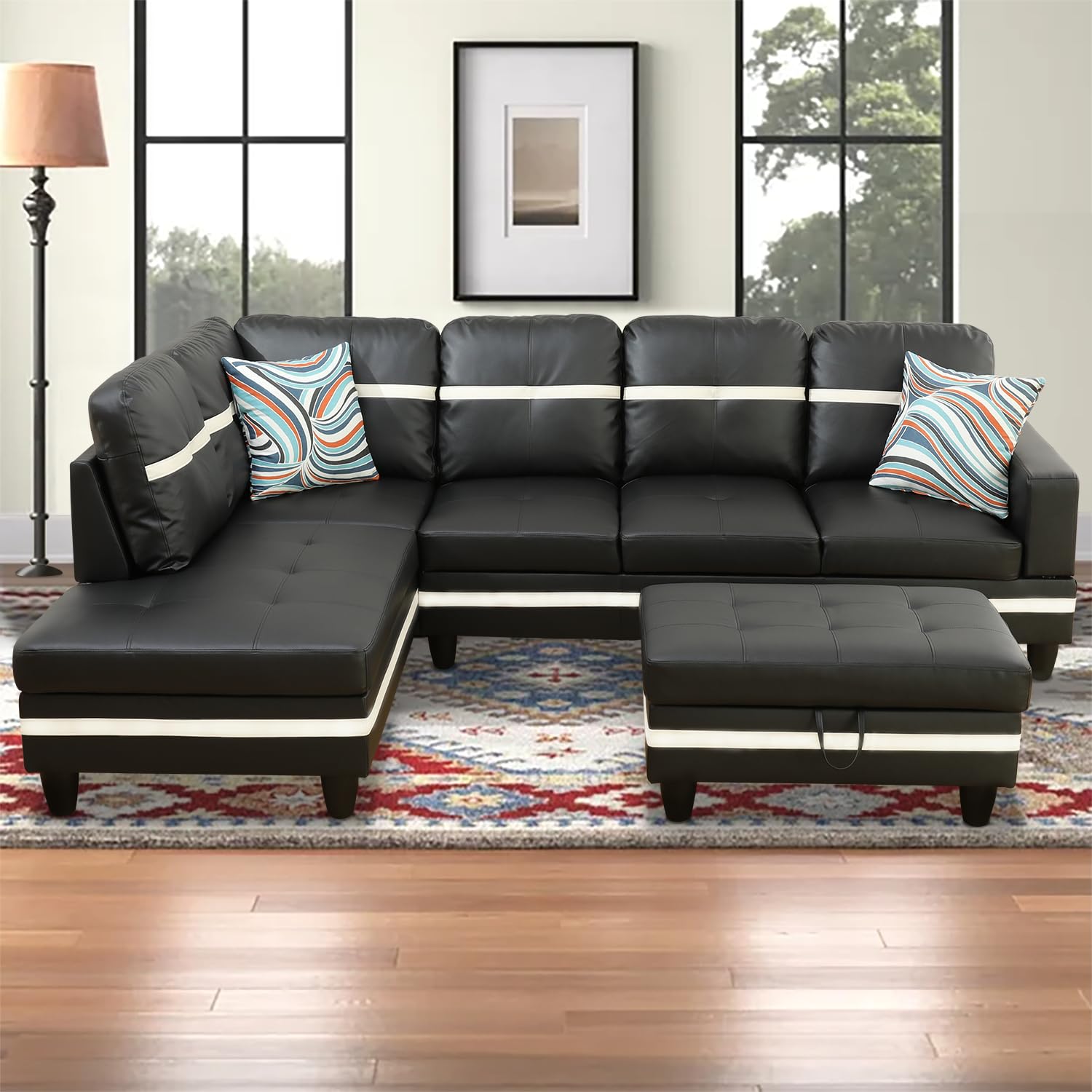 Caberryne Sectional Couch for Living Room Furniture Set Black,Sectional Sofa Set L Shape Sofa and Chaise with Storage Ottoman for Living Room/Apartment（Black,Facing Left Chaise）